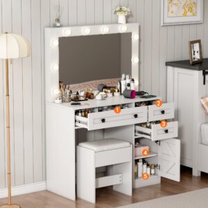 Pipleo Farmhouse Vanity Makeup Desk with Lighted Mirror, 35.4" Modern Vanity Desk Set with 3 Drawers and Power Outlet, 3 Lighting Modes Brightness Adjustable for Bedroom, Including Vanity Stool, White