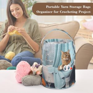 PYBUG Cat Yarn Storage Tote with Knitting Accessories Pockets Portable Large Capacity Travel Knitting Bag Crochet Organizer for Crocheting