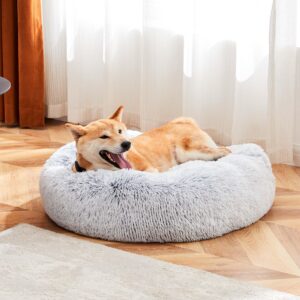 dog bed for small dogs and cats, washable calming donut pet bed, 20-inch anti-slip round fluffy plush faux fur, anti-anxiety, comfortable for sleeping, 20" l x 20" w x 8" th for pets up to 15 lbs