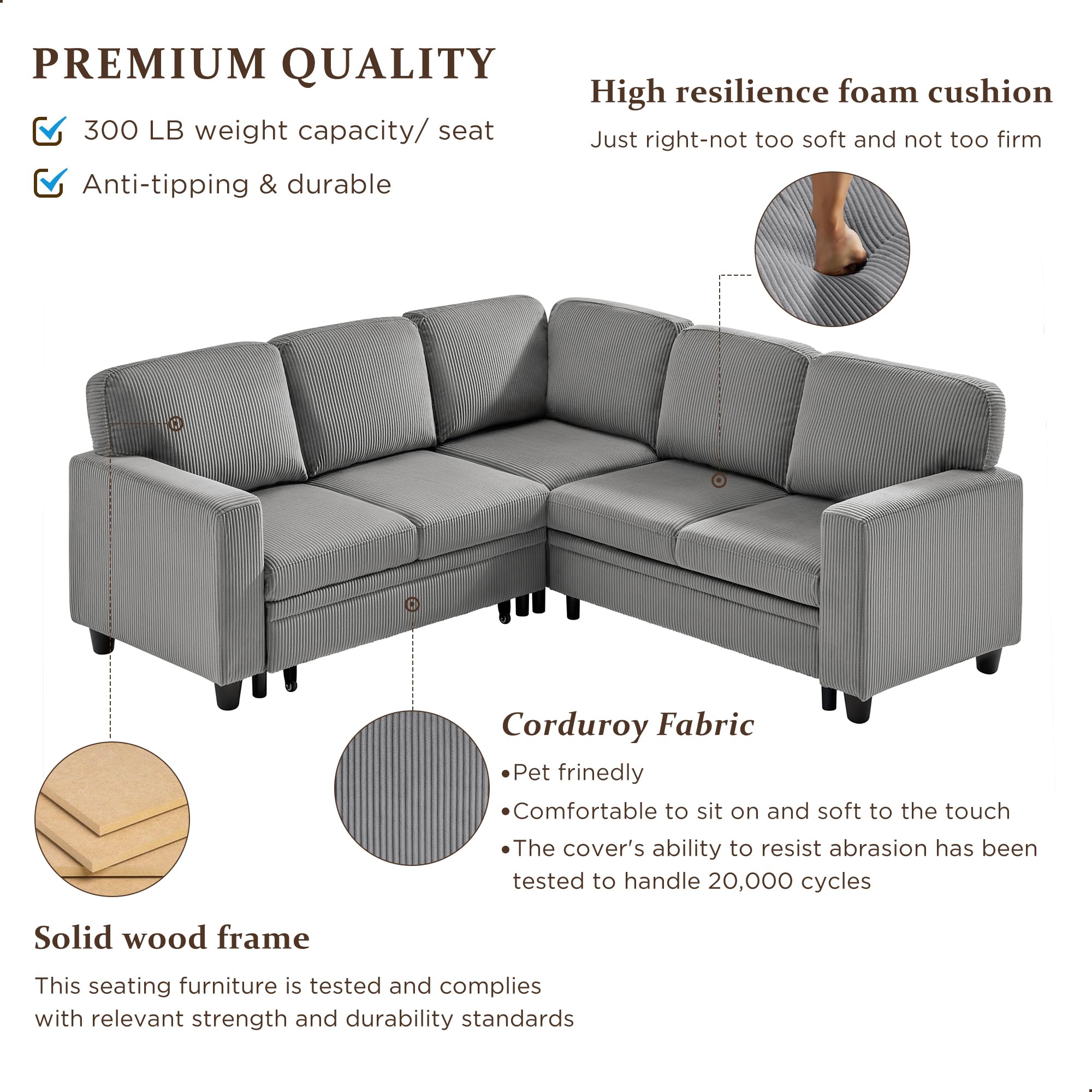 RedLemon Sectional Sleeper Sofa with Pull Out Couch Bed, 80'' Convertible L Shaped Couch with Storage Chaise & USB Charging Port, Comfy Sofa for Living Room, Apartment, Corduroy, Light Grey