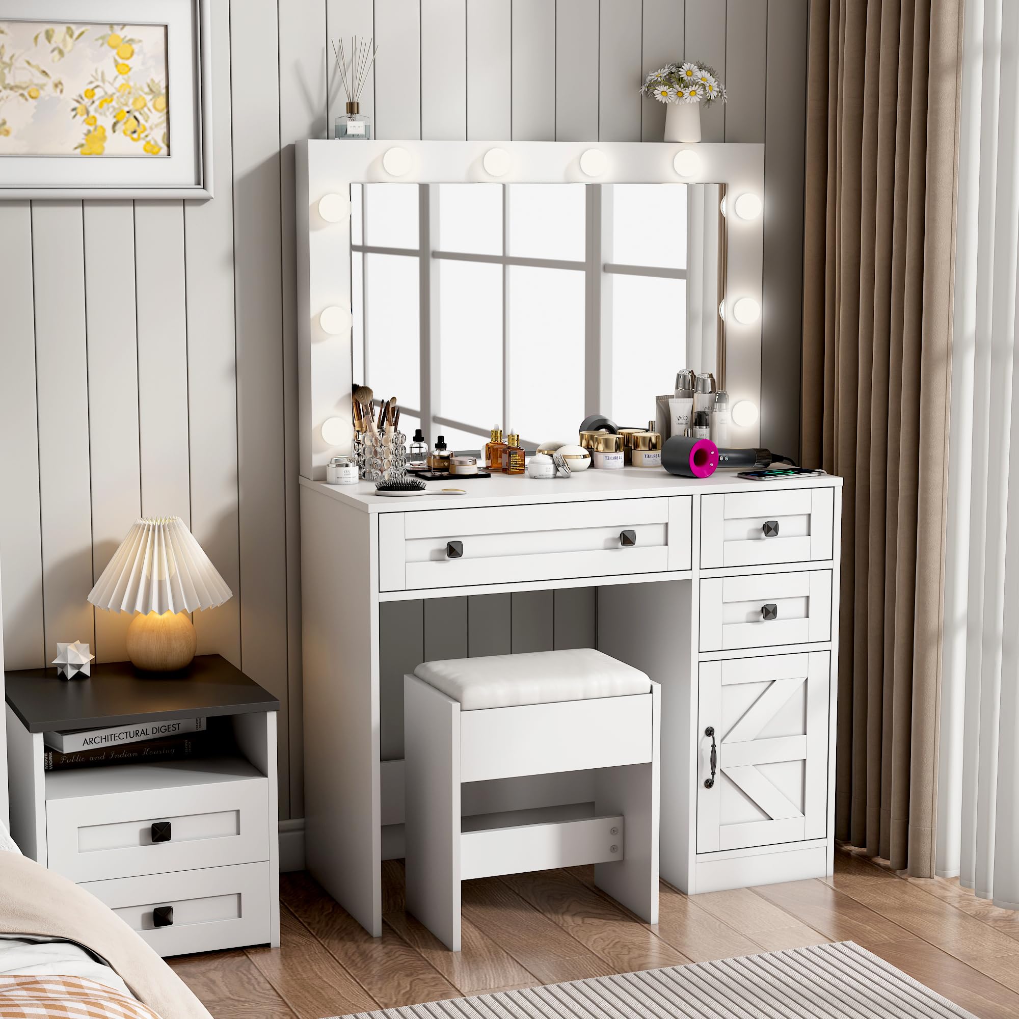 Pipleo Farmhouse Vanity Makeup Desk with Lighted Mirror, 35.4" Modern Vanity Desk Set with 3 Drawers and Power Outlet, 3 Lighting Modes Brightness Adjustable for Bedroom, Including Vanity Stool, White