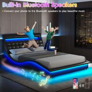 Fameill Queen Size LED Bed Frame with Bluetooth Speaker, PU Leather Upholstered Platform Bed Frame with Charging Station, Wave-Like Curve Design, Easy Assembly, Noise Free, No Box Spring Needed, Black