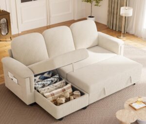 yeshomy sleeper l-shaped couch sofa bed convertible sectional pull out couches,with storage space,for living room,corduroy(light beige)