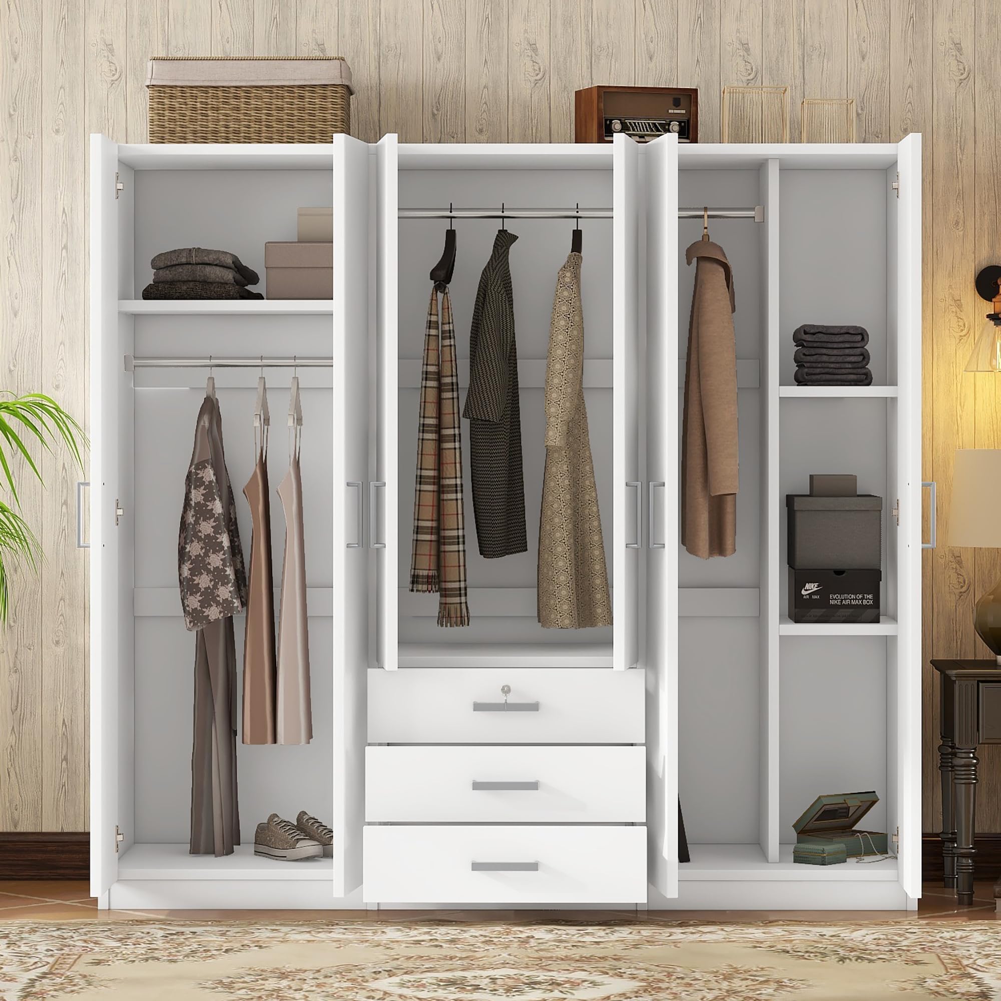 Merax Large White 6 Doors Wooden Wardrobe, Bedroom Tall Armoire Closet Organizer with Big Drawers, Hanging Rails and Shelves, Clothes Storage Cabinet for Garage & Laundry Room, White