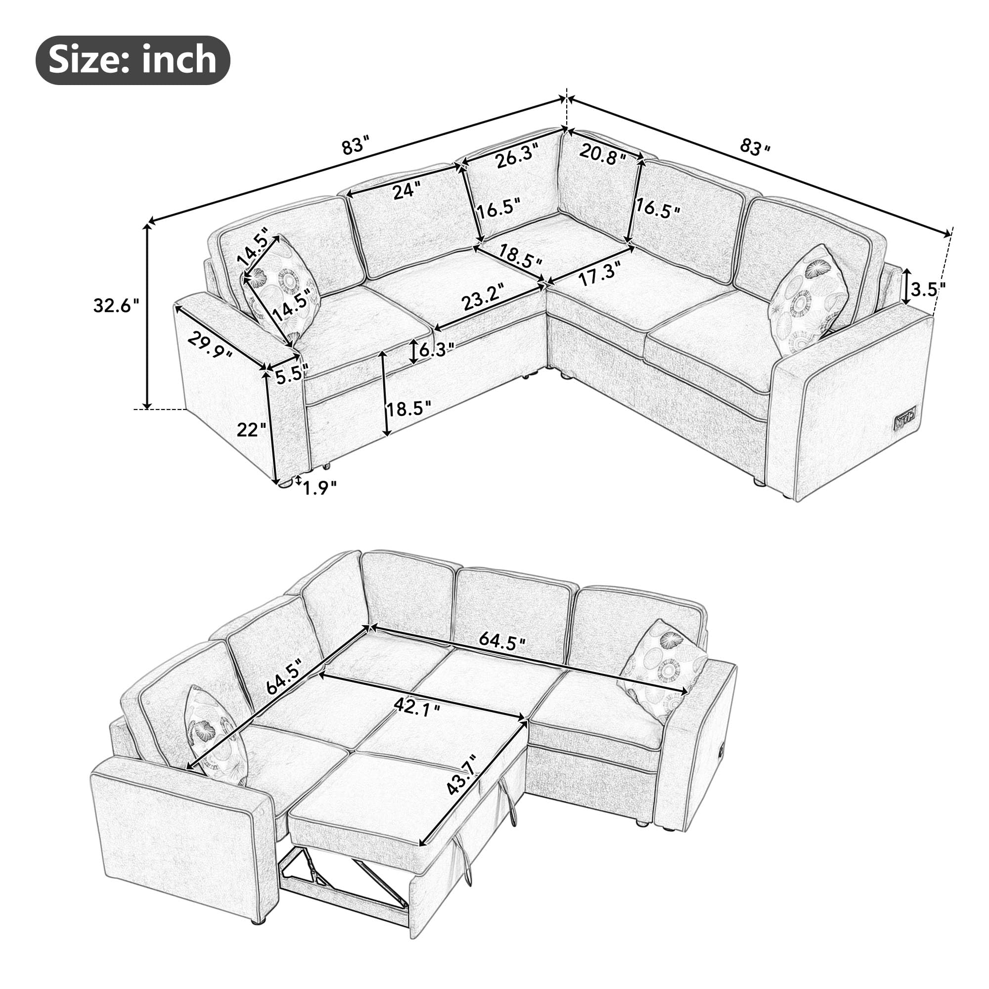 LUSPAZ Linen Fabric L-Shaped Pull Out Sofa Bed, Modern Convertible Sleeper Couch 2 USB Ports, 2 Power Sockets and 3 Pillows for Living Room,Cream