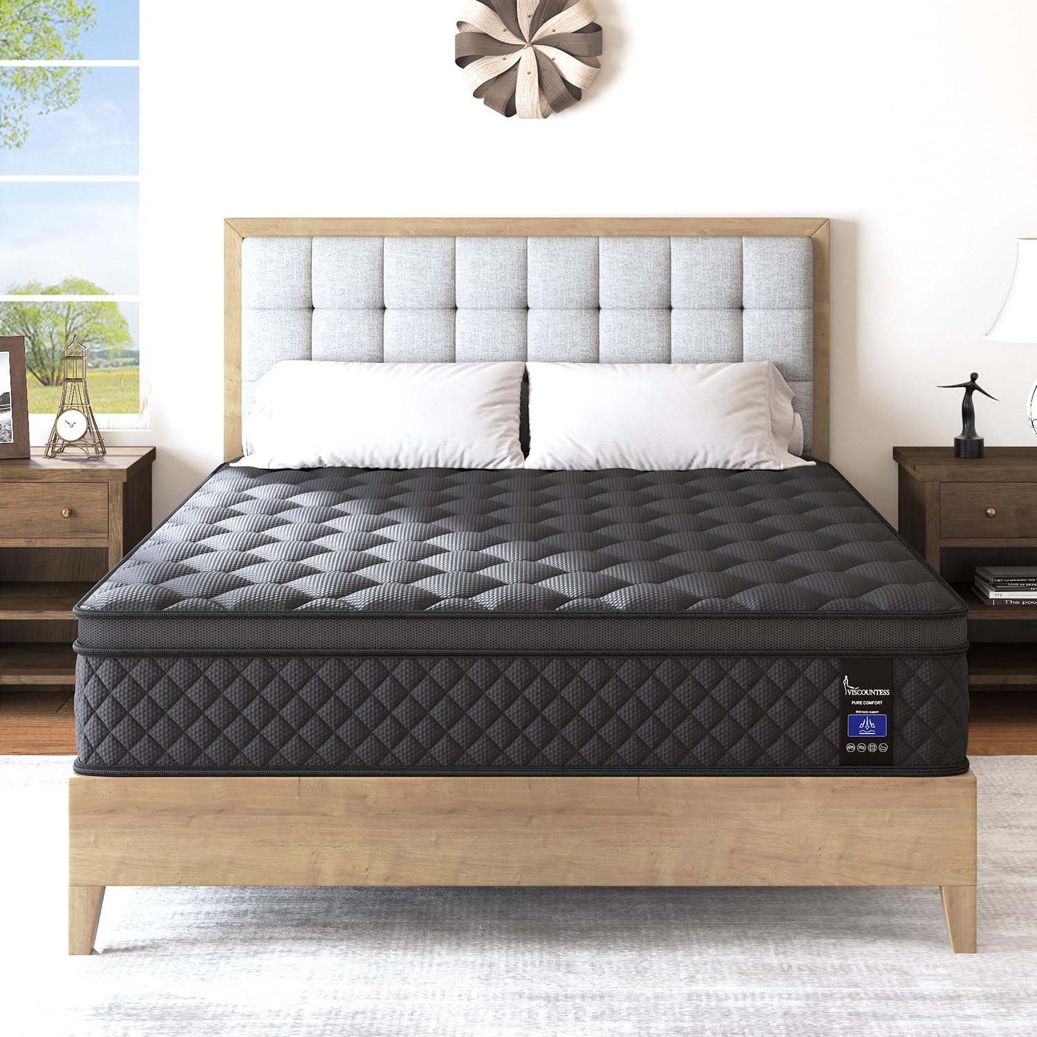 VISCOUNTESS Full Mattress, 12 Inch Hybrid Mattress Black, Euro Top Mattress Medium Firm for Back & Lumbar Support, 100 Night Trial, Individual Pocket Spring Bed for Motion Isolation & Pressure Relief