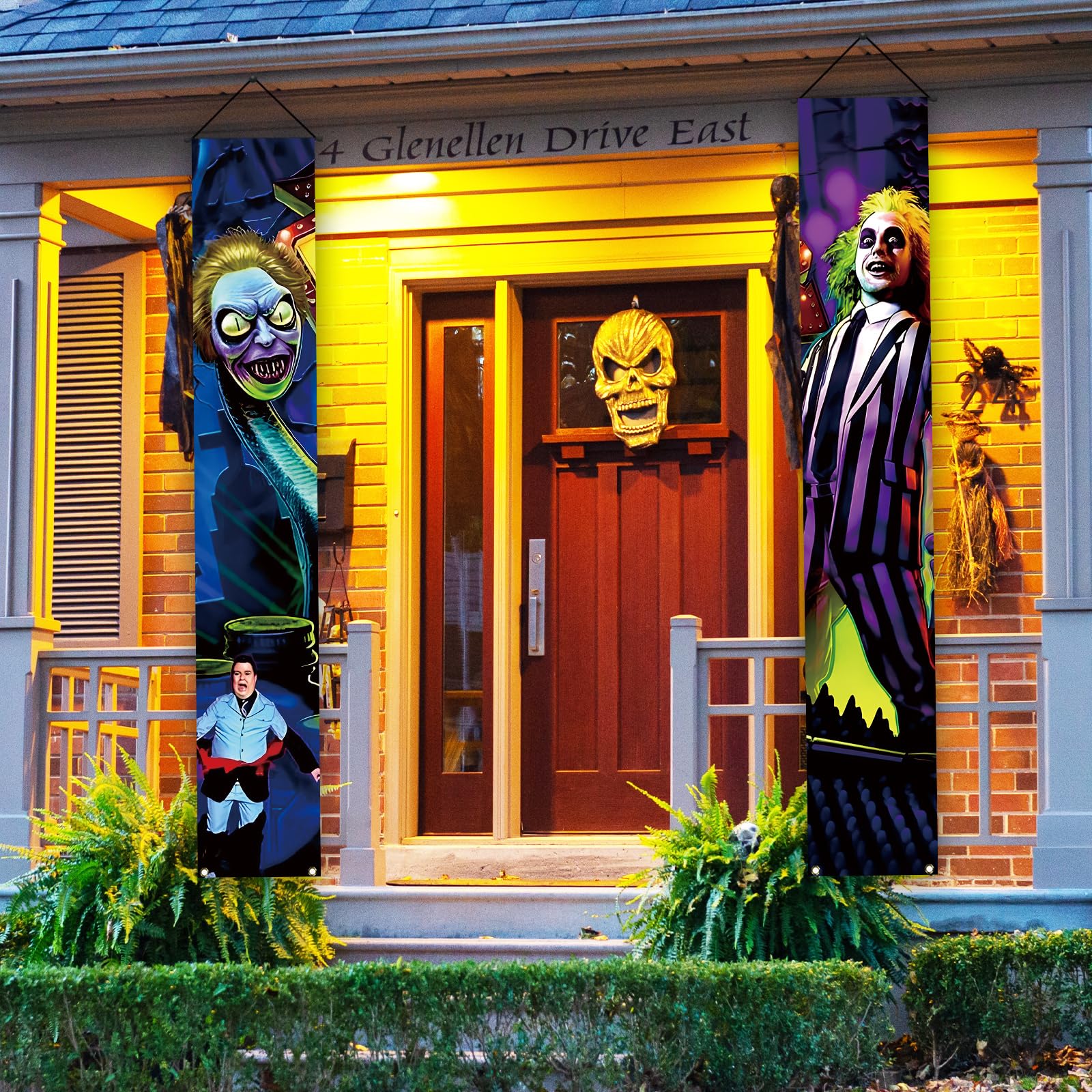 Scary Creepy Halloween Porch Banner Classic Movie Role Front Porch Welcome Sign Horror Halloween Party Decorations-12×71''