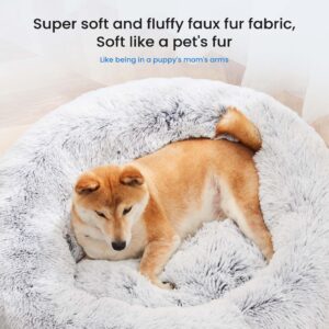 Dog Bed for Small Dogs and Cats, Washable Calming Donut Pet Bed, 20-Inch Anti-Slip Round Fluffy Plush Faux Fur, Anti-Anxiety, Comfortable for Sleeping, 20" L x 20" W x 8" Th for Pets up to 15 lbs