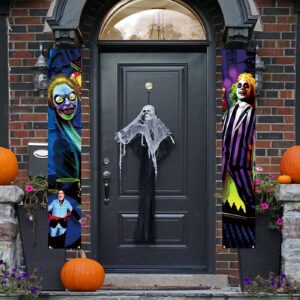 Scary Creepy Halloween Porch Banner Classic Movie Role Front Porch Welcome Sign Horror Halloween Party Decorations-12×71''