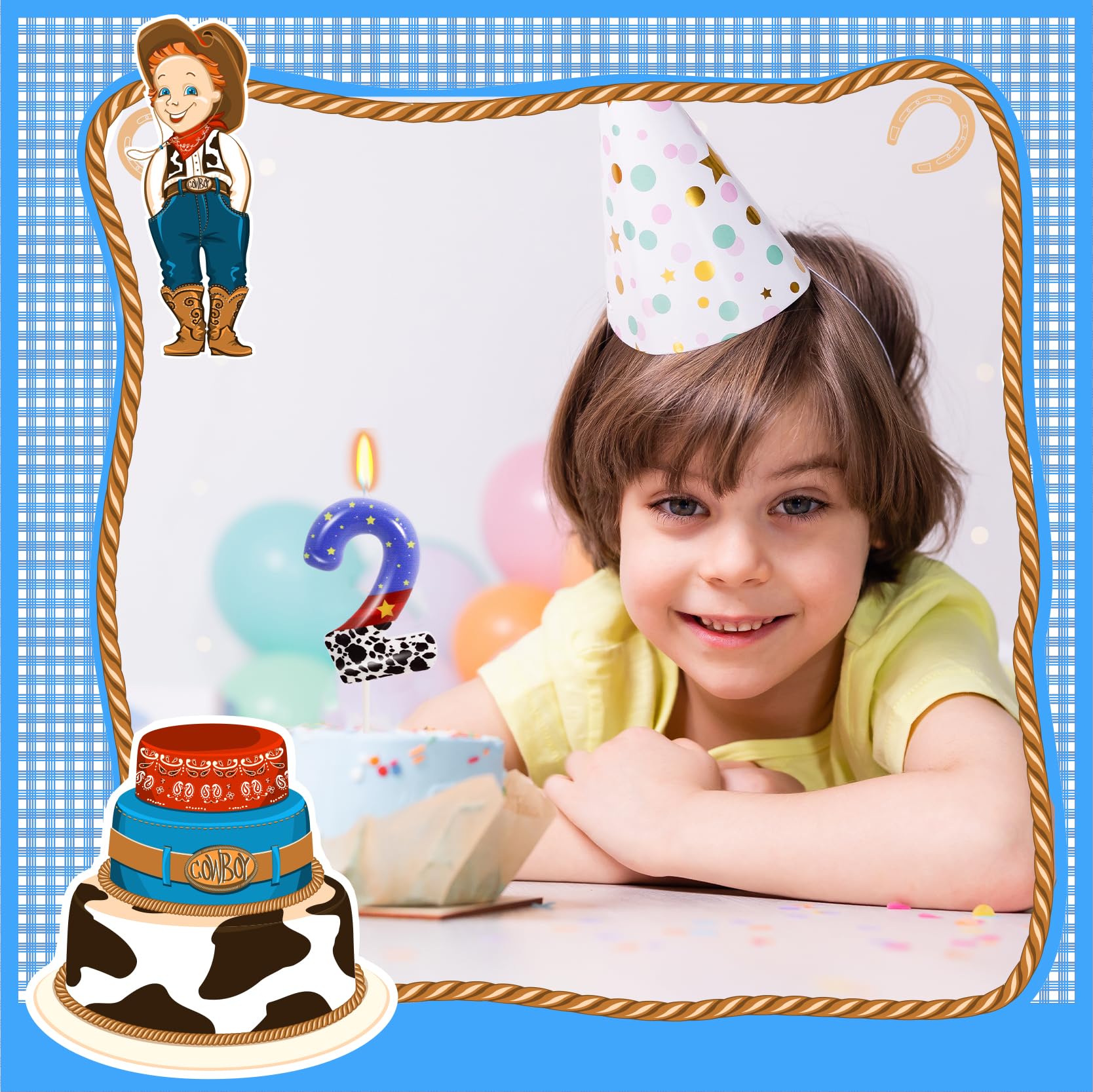 Toy Themed Cartoon Story Birthday Number 2 Candle Cartoon Birthday Cake Topper Blue Sky Stars Cowboy Toy Cartoon Birthday Party Decorations Supplies (Number 2)