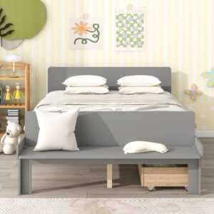 full size bed frame with 2 storage drawers, wood full kids platform bed with headboard and footboard bench for bed room apartment, full storage bed for boys girls (grey with drawers)