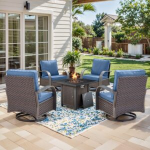 HUMMUH Outdoor Furniture with Fire Pit -Patio Table and Chairs Set of 4 Swivel Patio Chairs for Deck Porch Garden Poolside Backyard-Brown/Blue