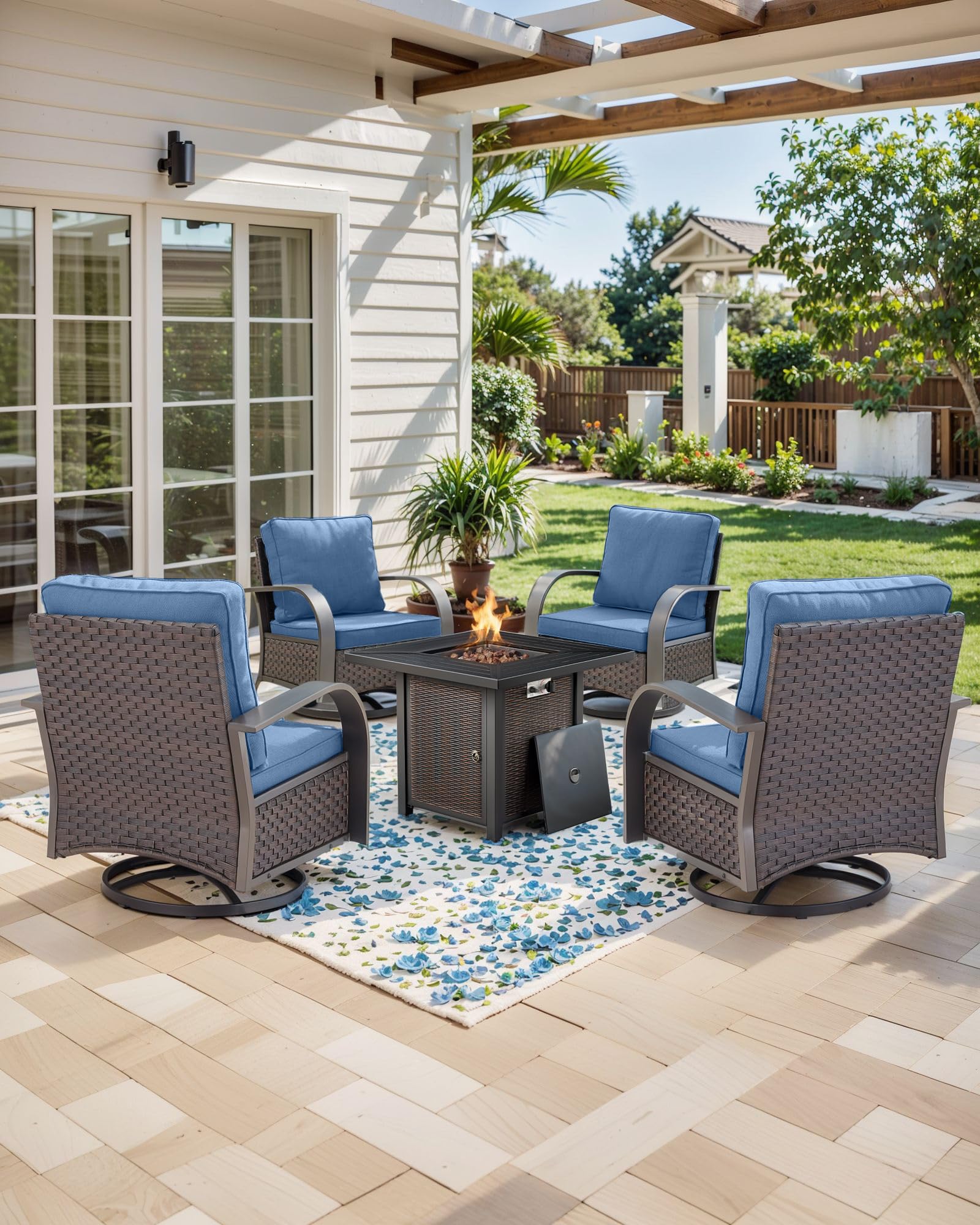 HUMMUH Outdoor Furniture with Fire Pit -Patio Table and Chairs Set of 4 Swivel Patio Chairs for Deck Porch Garden Poolside Backyard-Brown/Blue