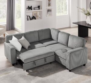 redlemon 80'' sectional sleeper sofa with pull out couch bed,l shaped couch with storage chaise & usb charging port, convertible comfy sofa couch for living room, apartment, corduroy, light grey