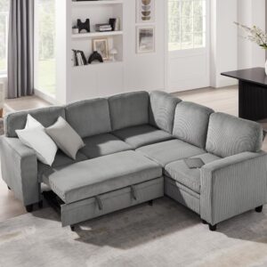 RedLemon Sectional Sleeper Sofa with Pull Out Couch Bed, 80'' Convertible L Shaped Couch with Storage Chaise & USB Charging Port, Comfy Sofa for Living Room, Apartment, Corduroy, Light Grey