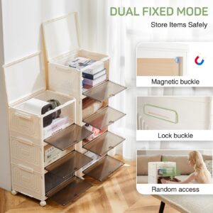 Aidoly 4-Tier Stackable Plastic Storage Bins with Lids, 23QT Foldable with Magnetic Doors and Lockable Wheels, Portable Collapsible Closet Organizer Boxes for Living Room, Bedroom, Dorm, Home Office