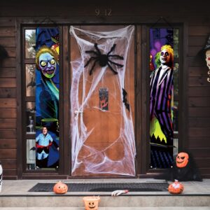 Scary Creepy Halloween Porch Banner Classic Movie Role Front Porch Welcome Sign Horror Halloween Party Decorations-12×71''