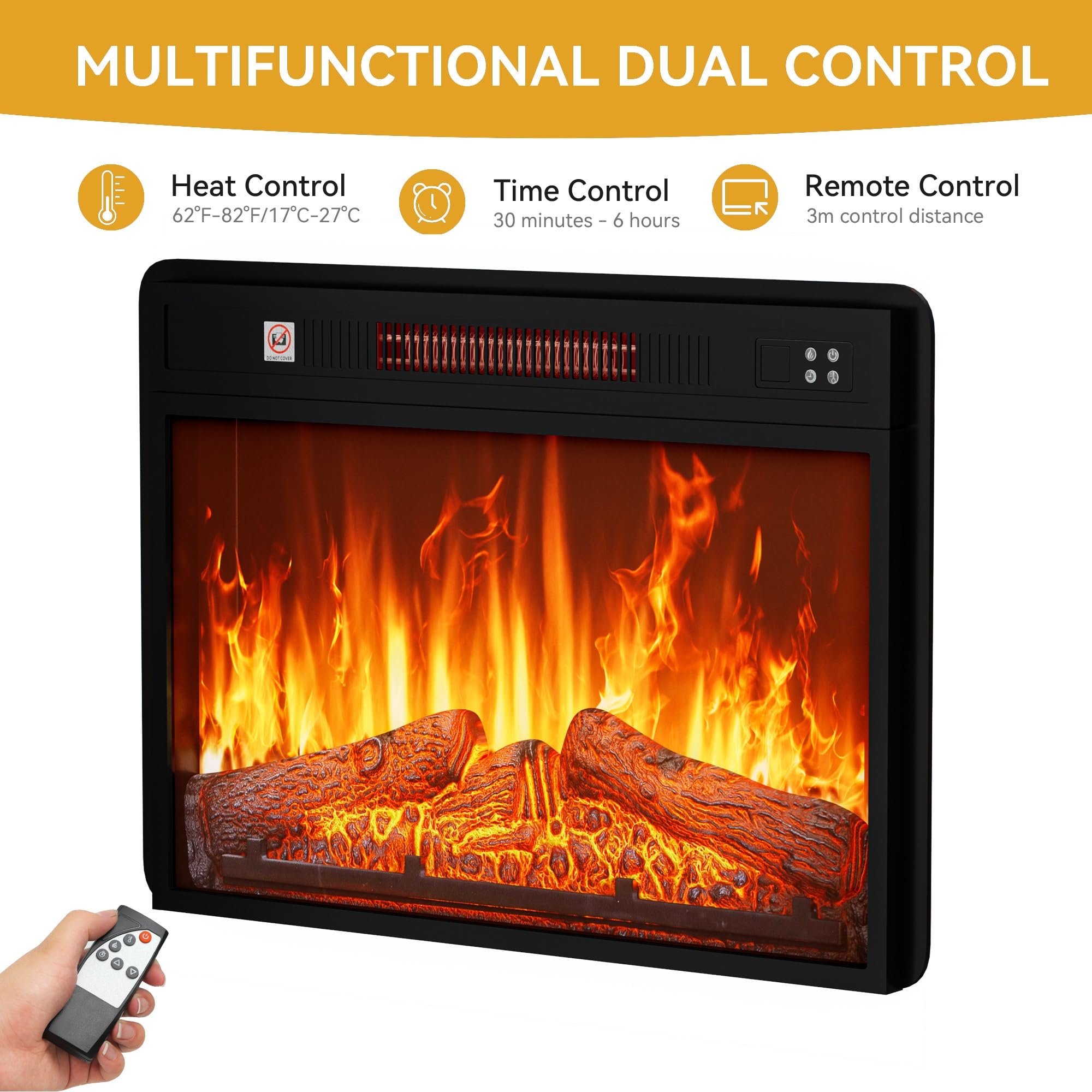 DWVO 23 Inches Electric Fireplace Insert, Recessed Fireplace Heater with Remote Control, Adjustable Temperature, 6H Timer, Adjustable Flame Brightness, 120V 1400W, Firewood