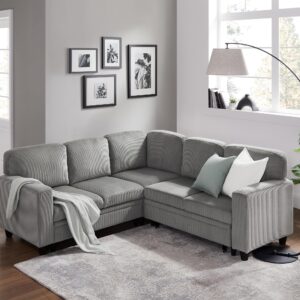 RedLemon 80'' Sectional Sleeper Sofa with Pull Out Couch Bed,L Shaped Couch with Storage Chaise & USB Charging Port, Convertible Comfy Sofa Couch for Living Room, Apartment, Corduroy, Light Grey