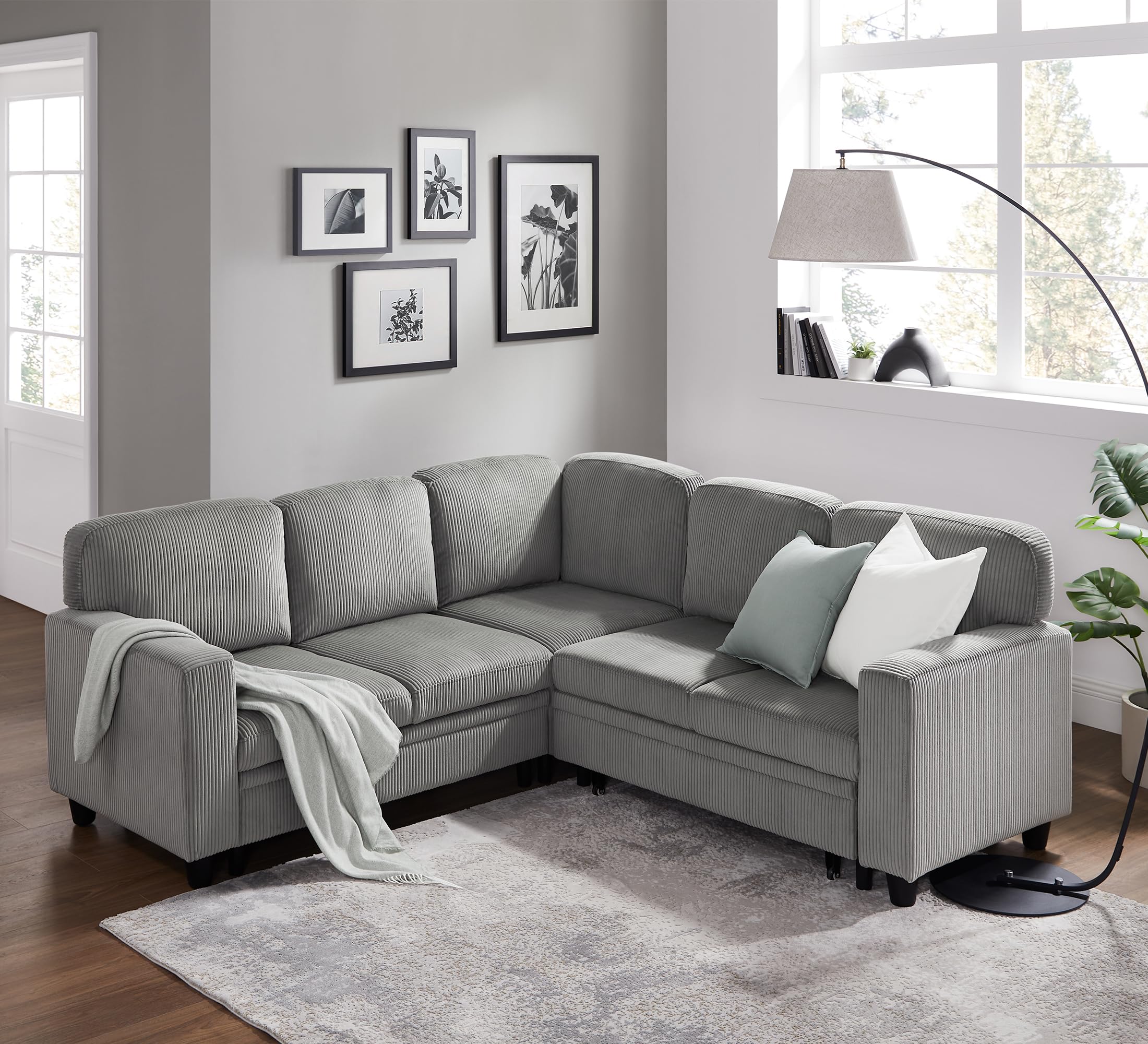 RedLemon 80'' Sectional Sleeper Sofa with Pull Out Couch Bed,L Shaped Couch with Storage Chaise & USB Charging Port, Convertible Comfy Sofa Couch for Living Room, Apartment, Corduroy, Light Grey