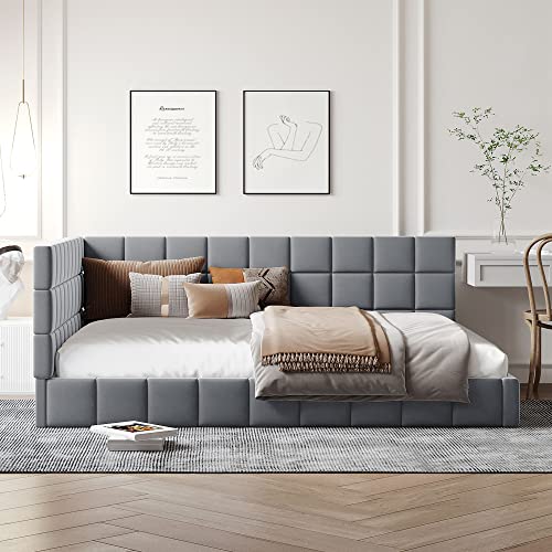 LostCat Full Daybed, Upholstered Daybed Sofa Bed Full Size Sofa Bed Daybed Full Size Daybeds Velvet Sofa Bed Frame with Backrest & Armrest, Corner Beds for Guest Room Living Room, Grey