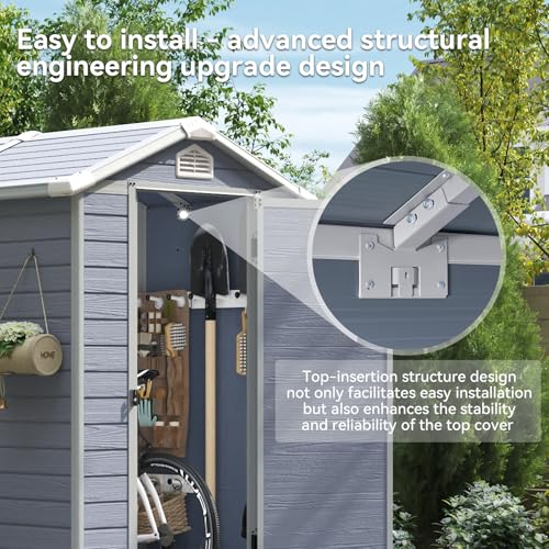 Aoxun 6x4FT Resin Outdoor Storage Shed with Floor, Plastic Garden Shed with Lockable Door and Window, Tools House to Store Patio Furniture, Bike Accessories, Garbage Can and Lawn Mower - Grey