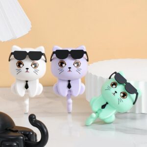 Wall Cat Key Organizer, 2 Cartoon Cat in Sunglasses Creative Gra-vity Hook, Adhesive Coat Hooks Key Holder for Wall Decorative, Pet Wall Hooks for Hanging Key, Bag, Hat, Towel