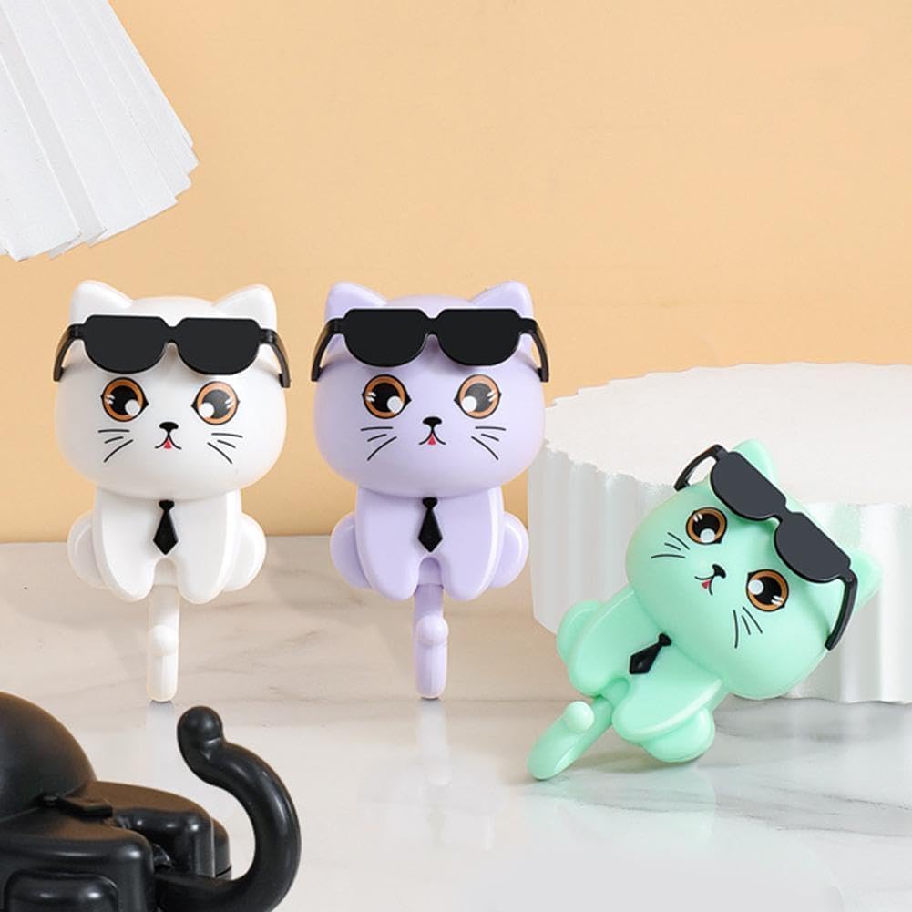 Wall Cat Key Organizer, 2 Cartoon Cat in Sunglasses Creative Gra-vity Hook, Adhesive Coat Hooks Key Holder for Wall Decorative, Pet Wall Hooks for Hanging Key, Bag, Hat, Towel