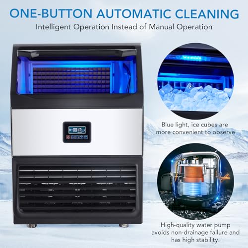 Ice Maker, Commercial Ice Machine, 265LBS/24H Stainless Steel Ice Machine with 55LBS Ice Storage Capacity Ready in 5-15Mins Freestanding Ice Maker with Ice Scoops,Self-Cleaning for Home Bar