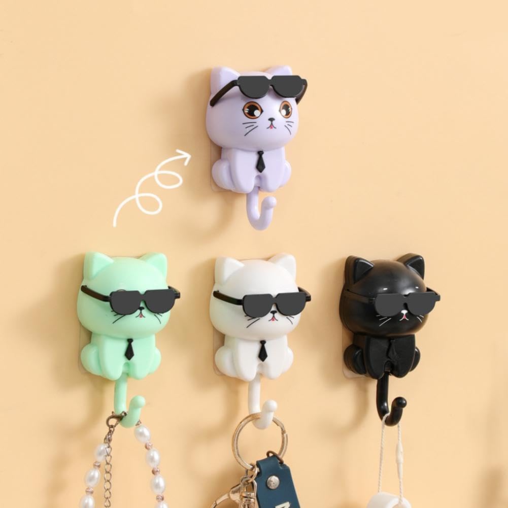 Wall Cat Key Organizer, 2 Cartoon Cat in Sunglasses Creative Gra-vity Hook, Adhesive Coat Hooks Key Holder for Wall Decorative, Pet Wall Hooks for Hanging Key, Bag, Hat, Towel