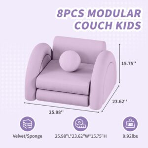 wanan Modular Kids Play Couch, 8PCS Kids Couch with Balls and Tunnel, Kids Couch for Playroom and Bedroom, Kids Modular Couch for Playing, Creativing, Modular Couch Kids (Blueberry)