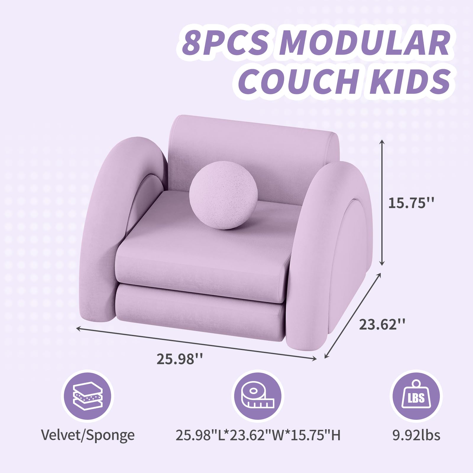 wanan Modular Kids Play Couch, 8PCS Kids Couch with Balls and Tunnel, Kids Couch for Playroom and Bedroom, Kids Modular Couch for Playing, Creativing, Modular Couch Kids (Blueberry)