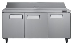 quantum commercial grade mega top sandwich/salad prep table | stainless steel | 3 doors | insulated lid | cutting board included | (30) 1/6 size pans included | 72.7” w x 34” d x 46.5” h