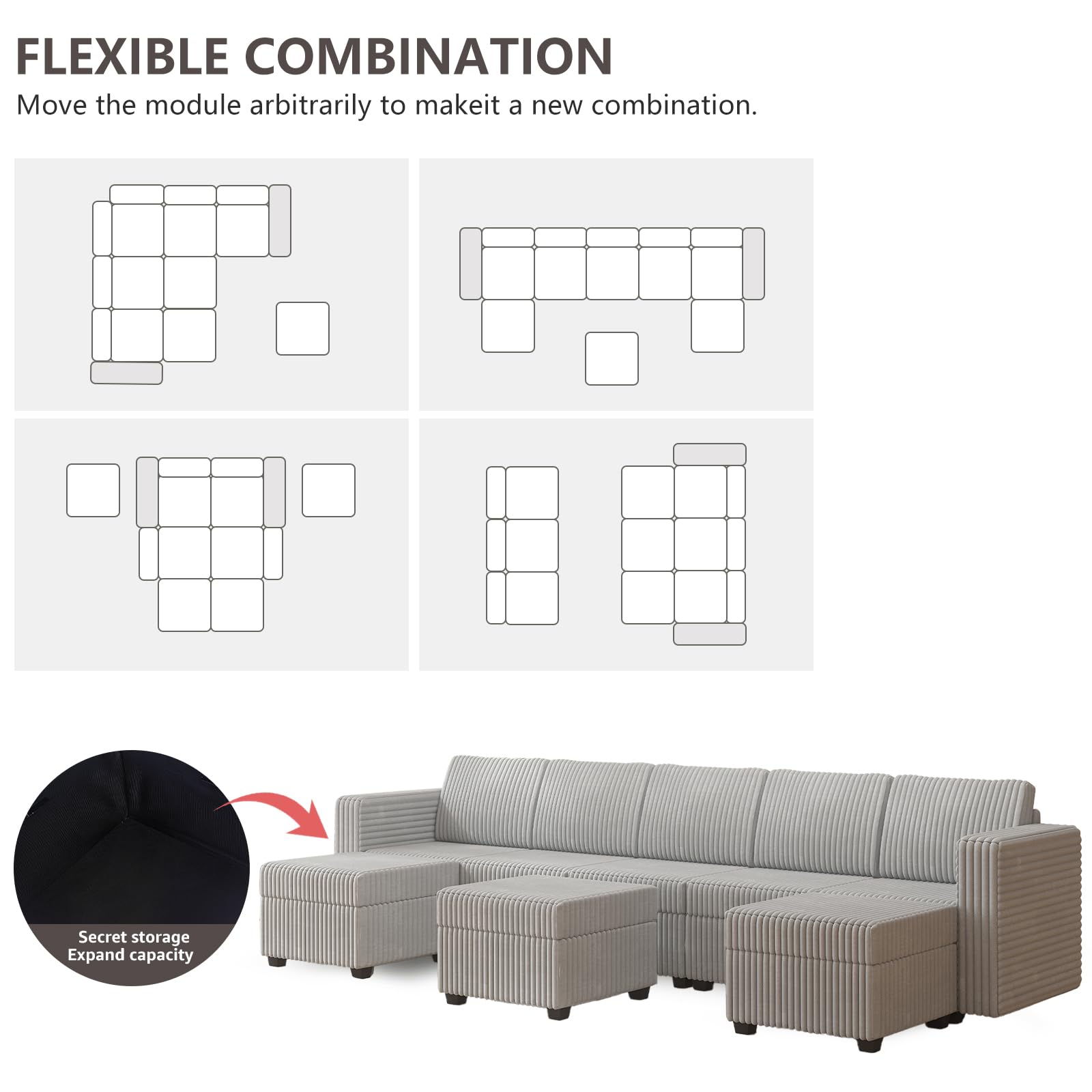 Wimarsbon U Shaped Sofa-Modular Sectional Sofa Couch, Modern Faux Mink Fur Sectional Couches Modular Sofa with Storage Ottoman, Comfy Modular Sofa Couch for Living Room(Grey, 5+3)