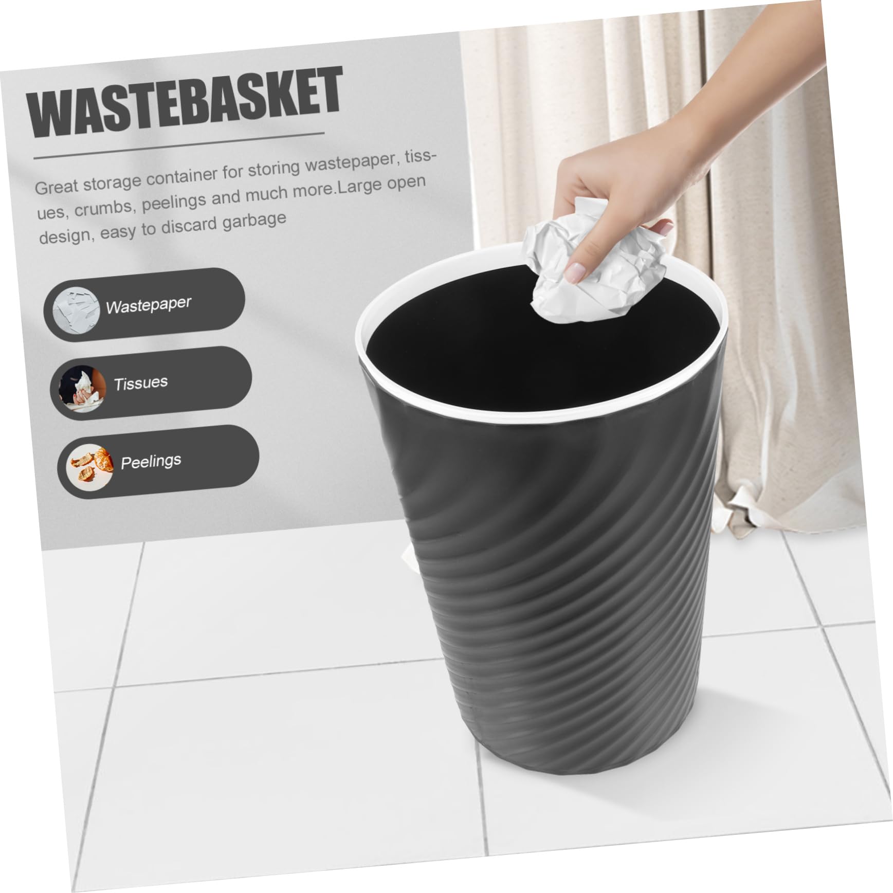 ANDRESLAD Household Open Belt Waste Basket for Kitchen Large Capacity Trash Bin Office Trash Can Kitchen Compost Bin Bedroom Trashcan Garbage Bin Bedroom Garbage Can Waste Bins Black Plastic