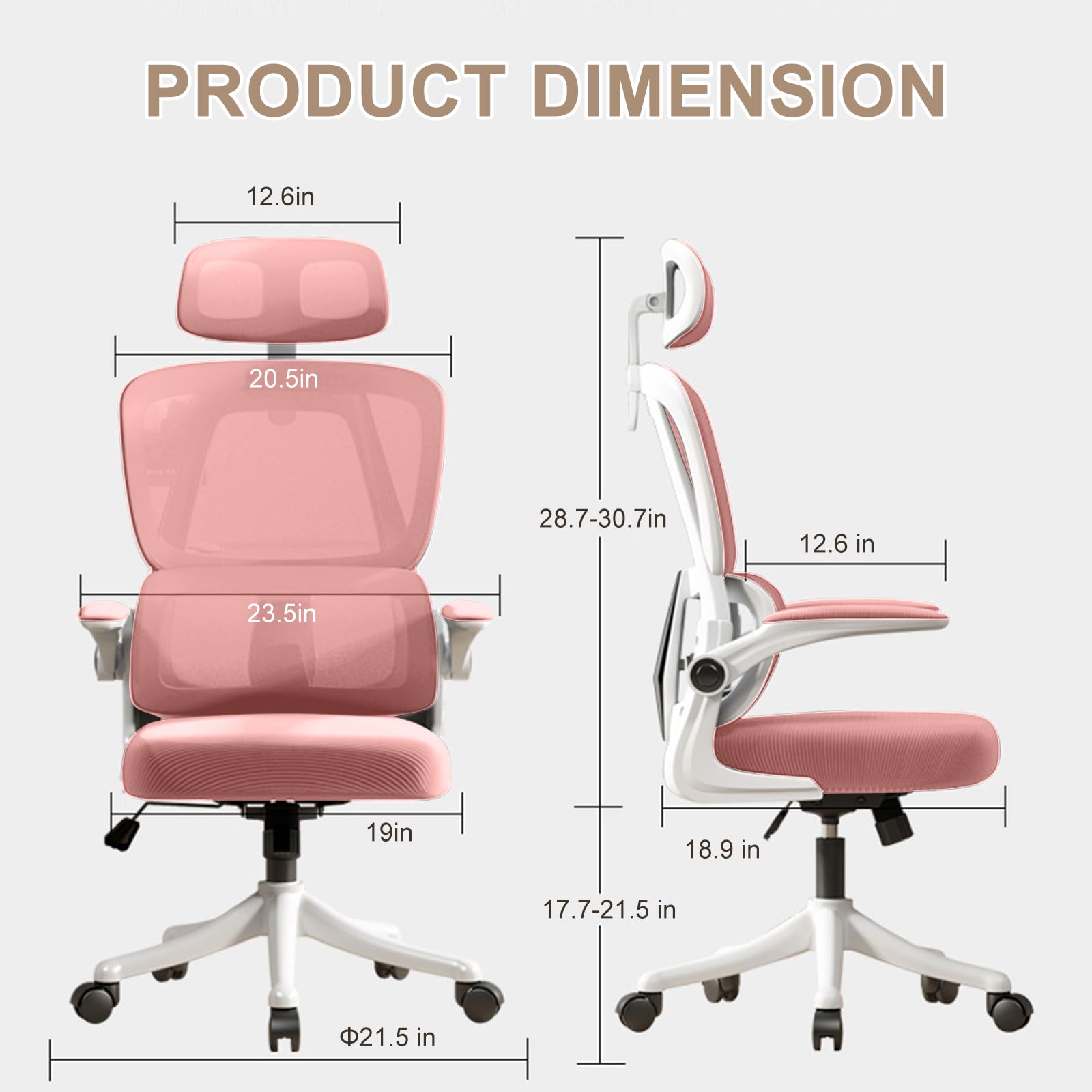 HDHNBA Office Chair High Back Ergonomic Office Chair with Lumbar Support Adjustable Headrest 3D Armrest and Lumbar Support for Home Office Chair Swivel Mesh Office Chair Pink Chair