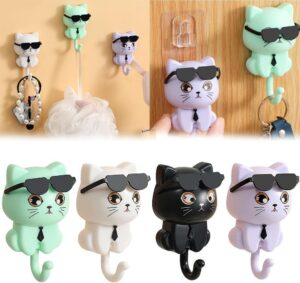 wall cat key organizer, 2 cartoon cat in sunglasses creative gra-vity hook, adhesive coat hooks key holder for wall decorative, pet wall hooks for hanging key, bag, hat, towel