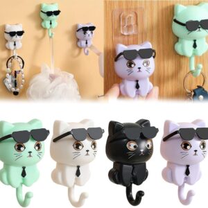 Wall Cat Key Organizer, 2 Cartoon Cat in Sunglasses Creative Gra-vity Hook, Adhesive Coat Hooks Key Holder for Wall Decorative, Pet Wall Hooks for Hanging Key, Bag, Hat, Towel