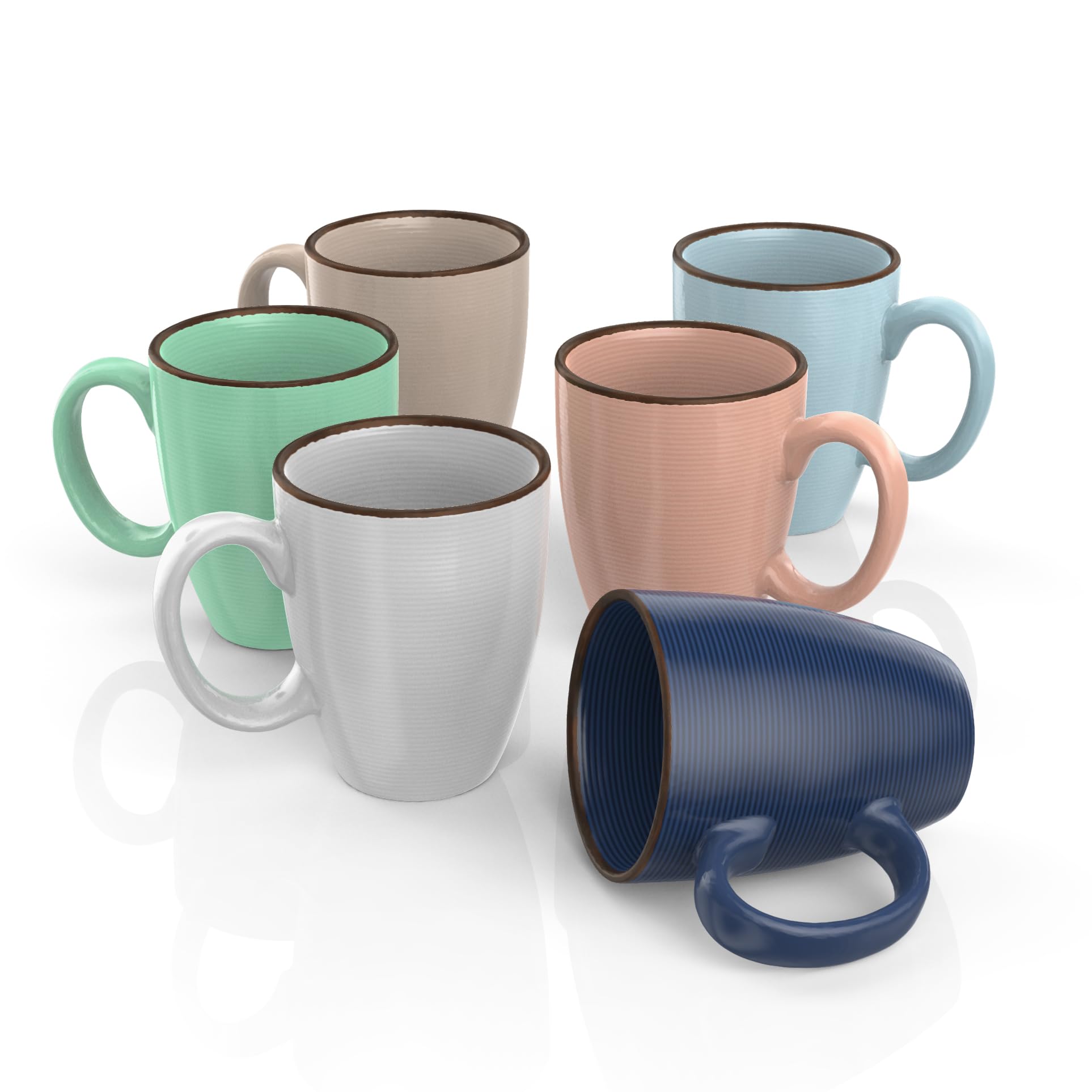 Francois et Mimi Set of 6 12oz Designer Ribbed Style Colorful Ceramic Coffee Mugs, Coffee Cups Gift Set for Coffee, Tea, Cocoa and More. Dishwasher and Microwave Safe.