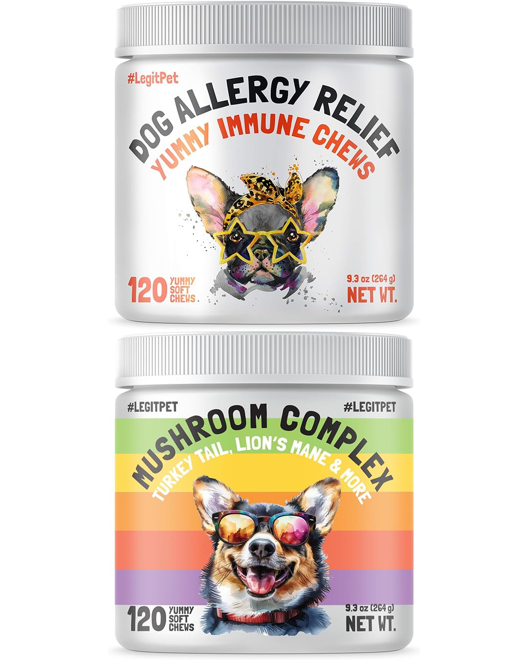 Allergy Relief Chews for Dogs & Immune & Digestive Supplement 120 Soft Treats and Mushroom Complex Treats for Dogs with Reishi Shiitake and Turkey Tail Mushrooms