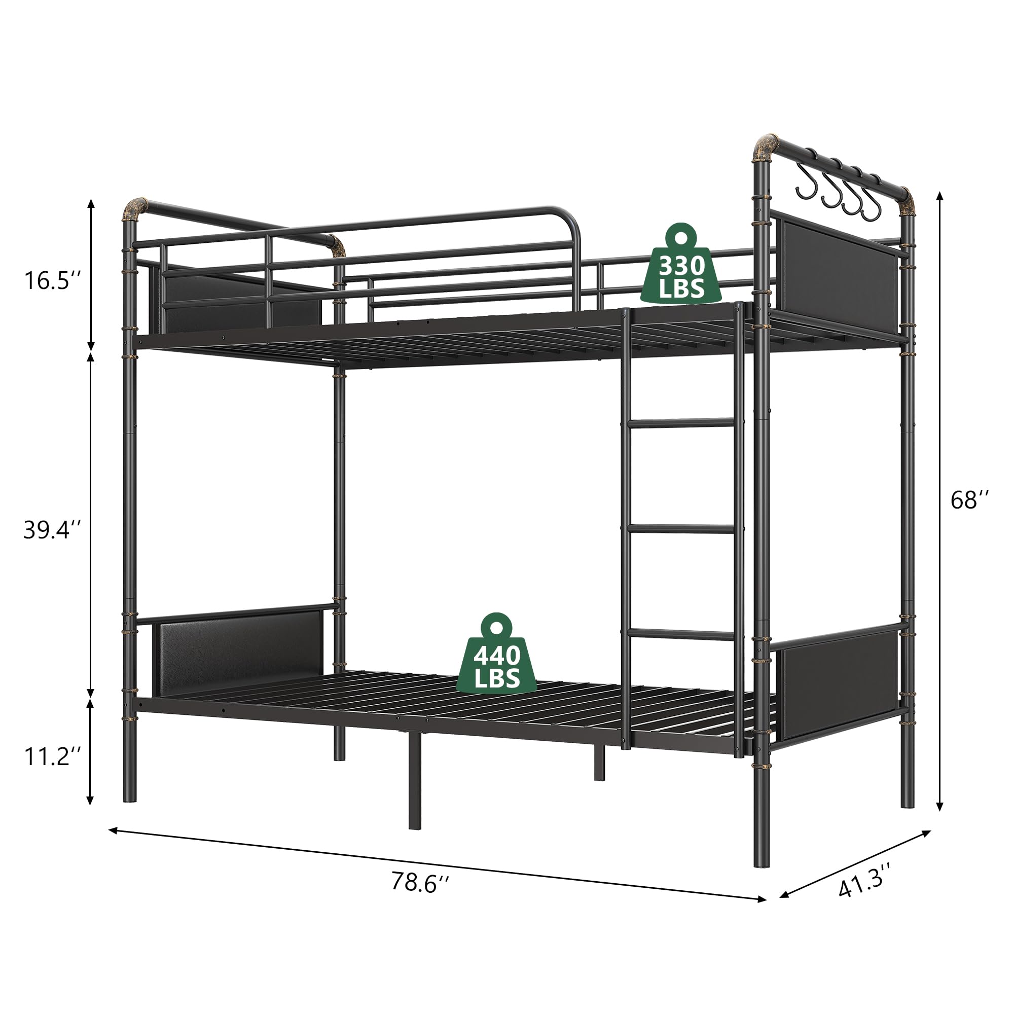 Jocoevol Bunk Bed Twin Over Twin, Industrial Bunkbeds with Ladder and High Guardrail, Twin Size Convertible Metal Bunk Beds for School, Bedroom (Black)