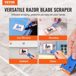 VEVOR 2PCS Razor Blade Scraper,Plastic Scraper Tool with 120PCS Plastic Blades,Cleaning Scraper Remover for Stickers,Decals,Adhesive,Labels,Paint from Glass, Car,Window,Caulk,No Scratches,Blue