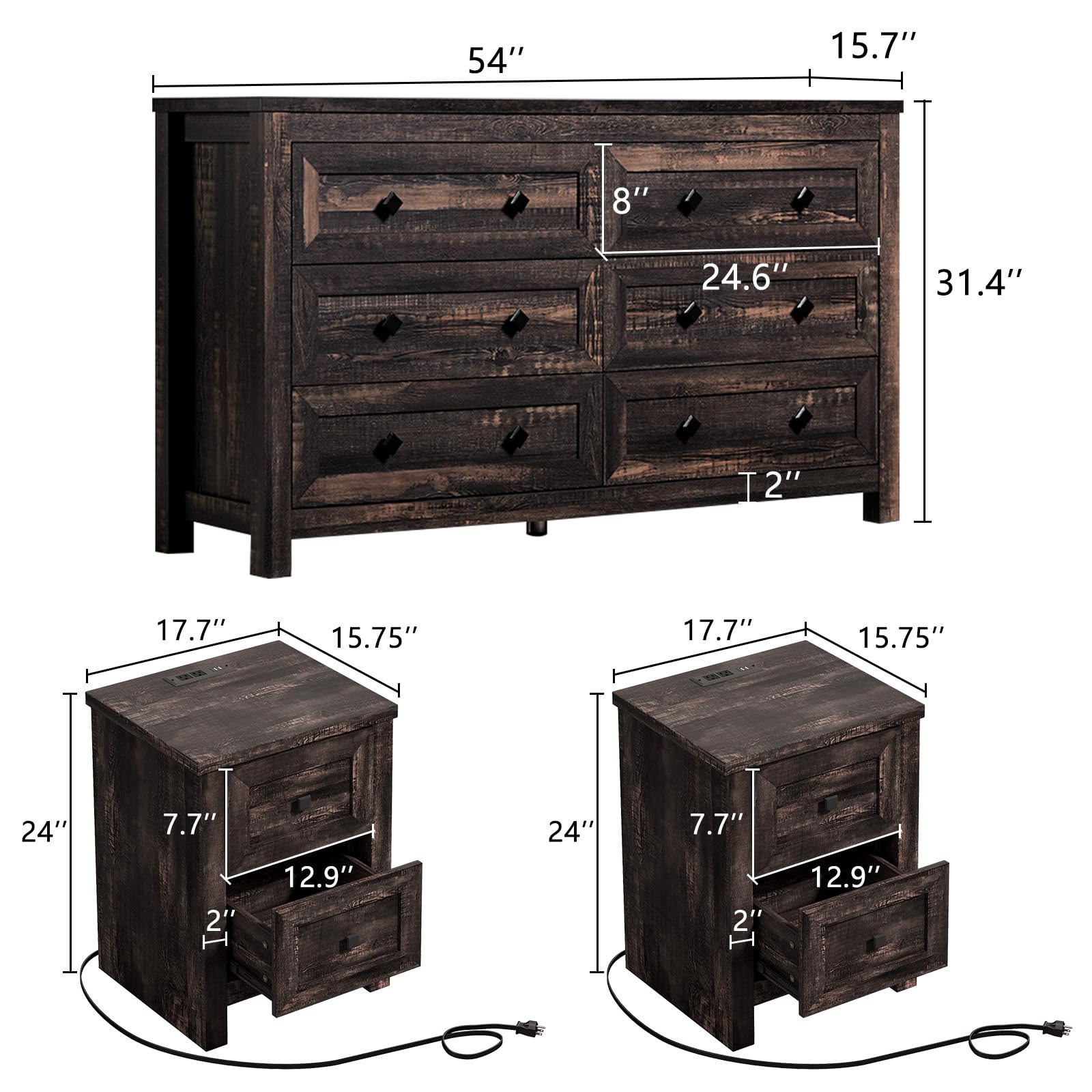 LUXOAK Bedroom Dresser and Nightstand 3 Piece Set, 1 X Wood Rustic 6 Drawer Storage Dresser, Nightstand Set of 2 with Charging Station, Farmhouse Bedroom Furniture Set, Dark Rustic Oak