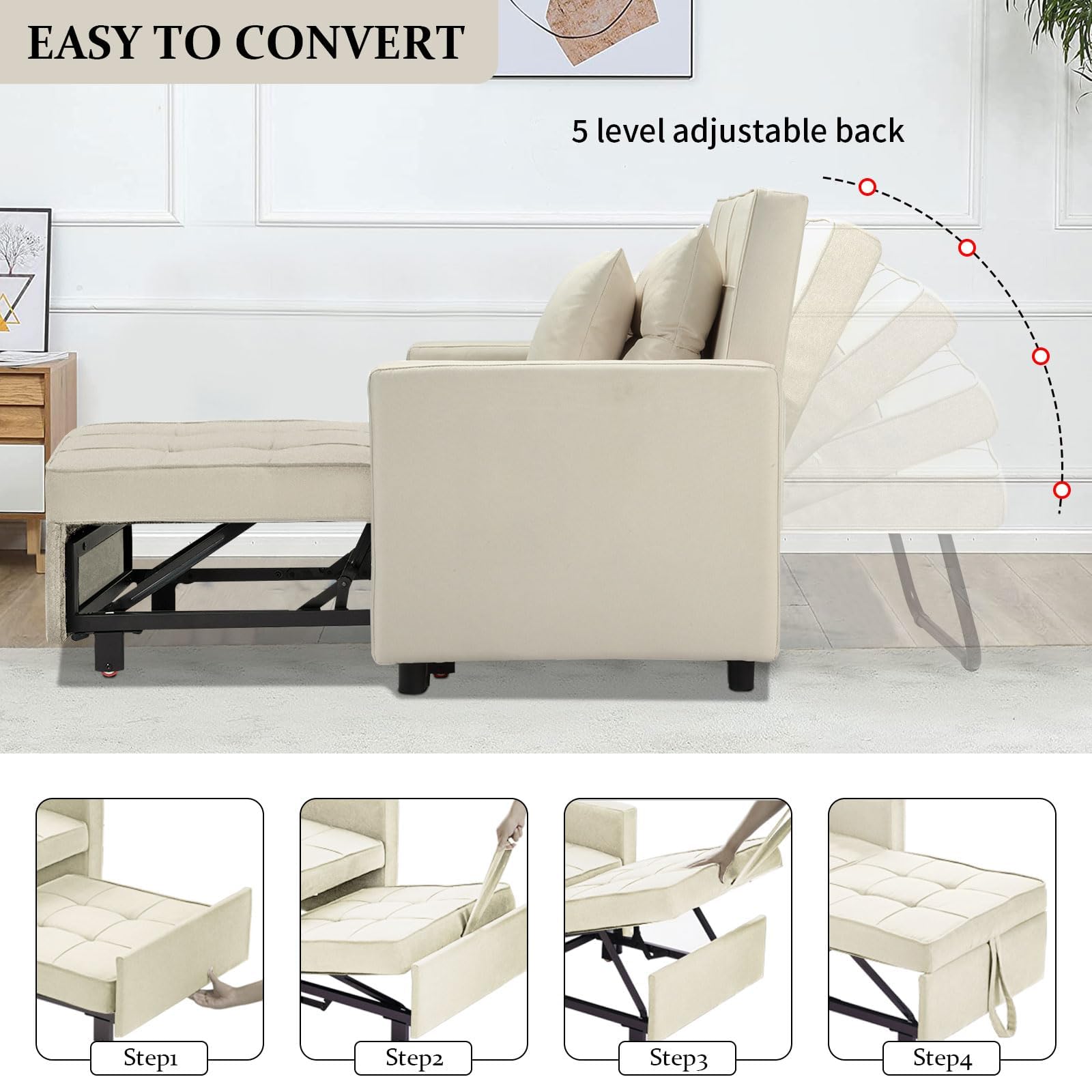 NSIRONS Convertible Chair Bed,Folding Sofa Bed Chair with Adjustable Backrest, 3-in-1Multi-Functional Pull Out Sleeper Chair Bed Single Armchair Sofa Bed with Side Pocket (White)