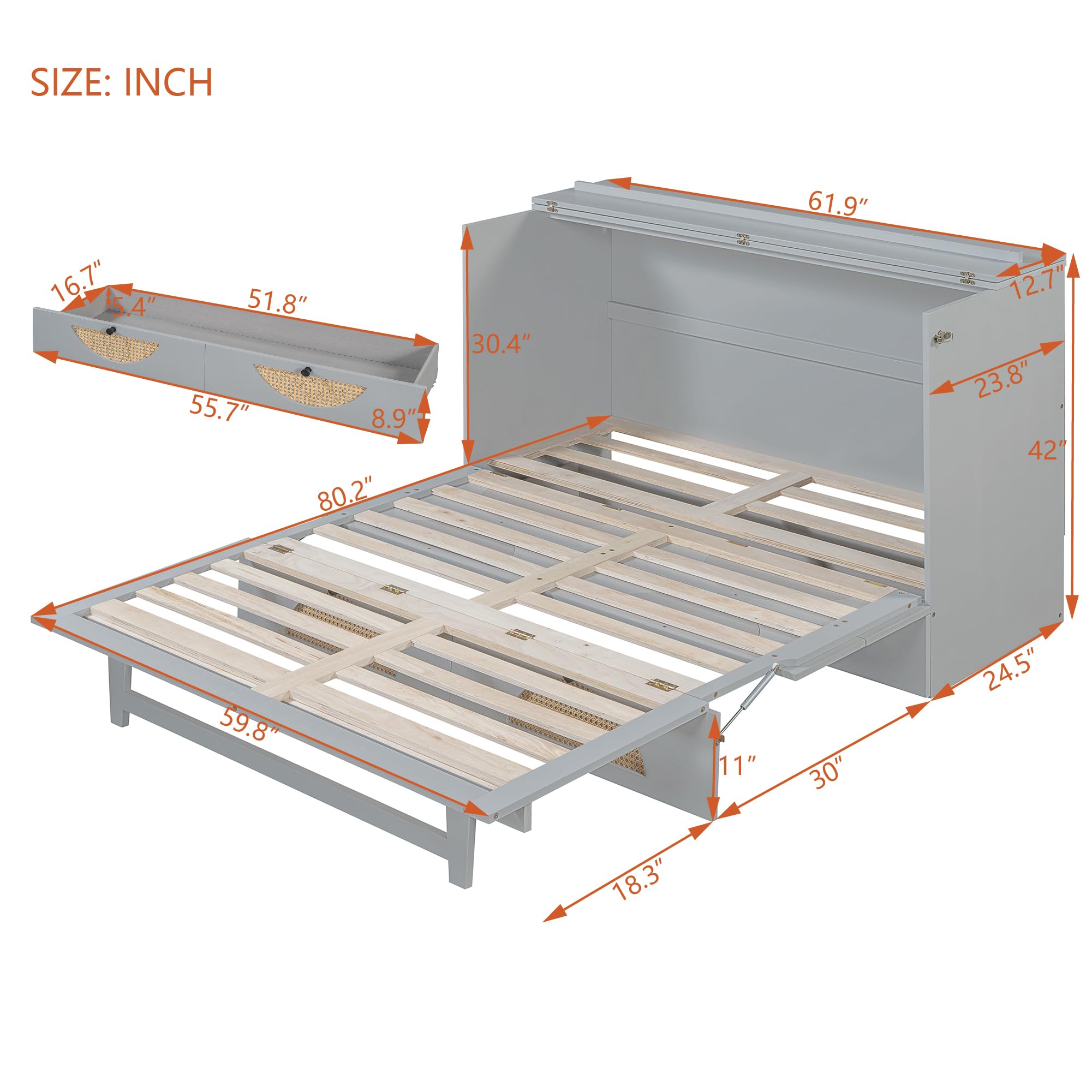 XD Designs Queen Size Murphy Bed with Large Storage Drawer and Charging Station, Versatile Traditional Solid Wood Murphy Bed Chest Cube Cabinet Bed, Convertible Space-Saving Design (Gray-TYX, Queen)