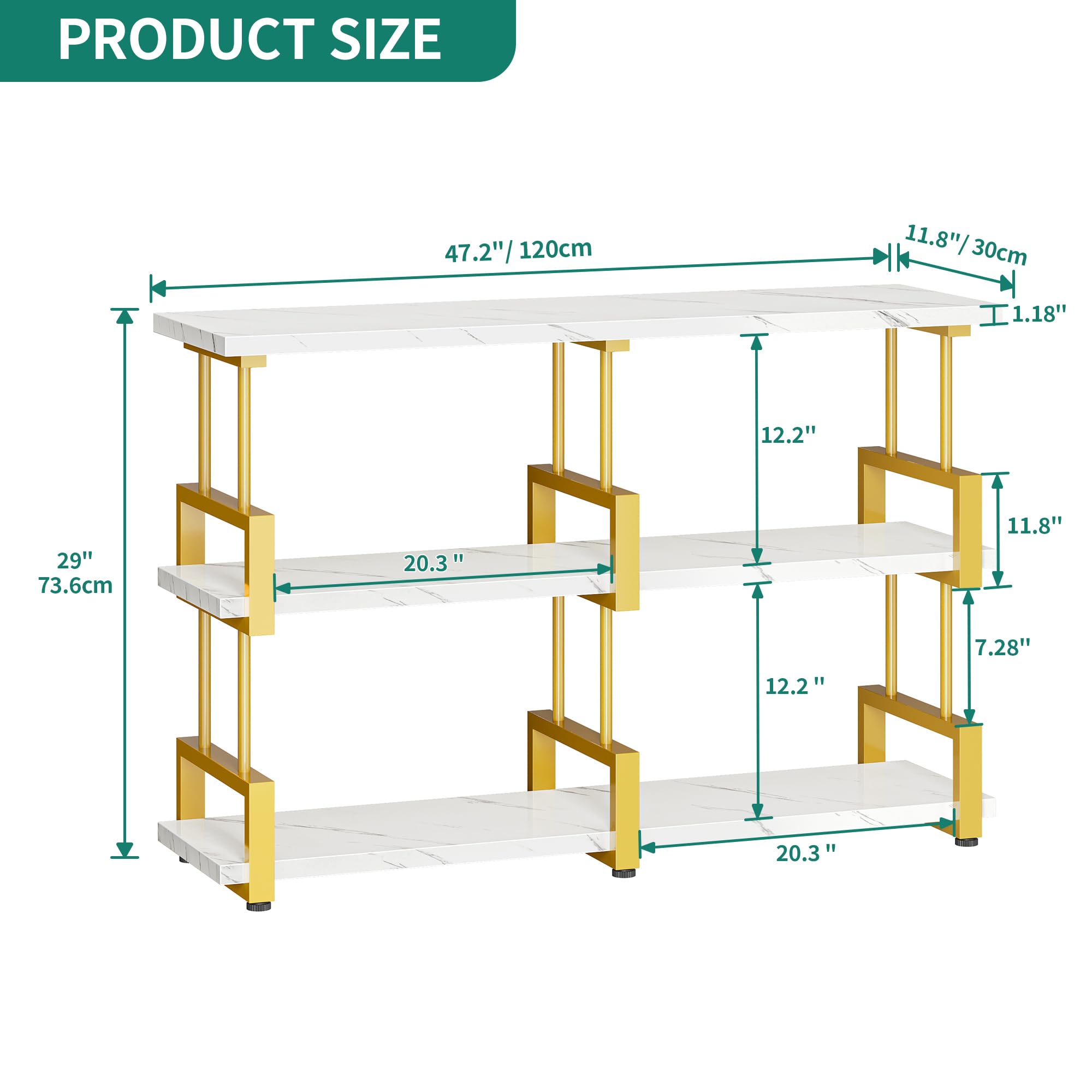 YITAHOME Gold Bookshelf, 3-Tier Modern Bookcase Open Book Shelf Horizontal Bookshelf for Living Room, Sleeping Room, Home Office, Faux Marble White