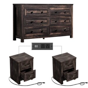 luxoak bedroom dresser and nightstand 3 piece set, 1 x wood rustic 6 drawer storage dresser, nightstand set of 2 with charging station, farmhouse bedroom furniture set, dark rustic oak