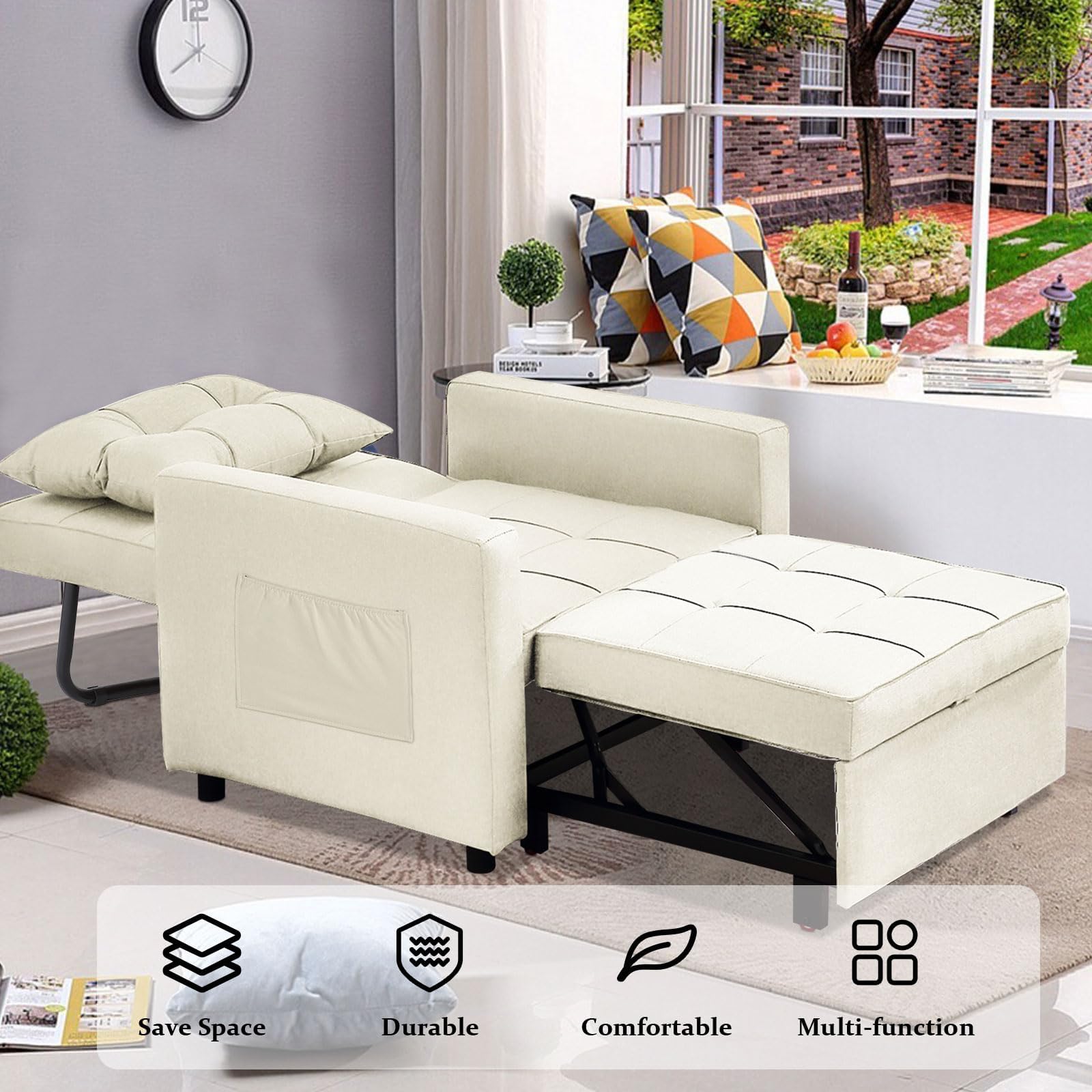 NSIRONS Convertible Chair Bed,Folding Sofa Bed Chair with Adjustable Backrest, 3-in-1Multi-Functional Pull Out Sleeper Chair Bed Single Armchair Sofa Bed with Side Pocket (White)