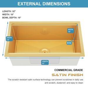 JoviPrime 32 Inch Gold Kitchen Sink Workstation Undermount Stainless Steel 16 Gauge Kitchen Sink Handmade Deep Single Bowl Kitchen Sink with Accessories 32" x 18" x 10"