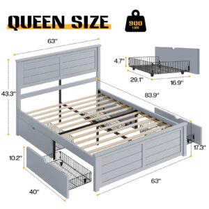 YUMPIE Queen Size Platform Bed Frame with 4 Storage Drawers and Headboard, Wood Bed Frame with Wood Slats Support, No Box Spring Needed, Storage Bed Frame for Kids, Teens, Adults, Grey